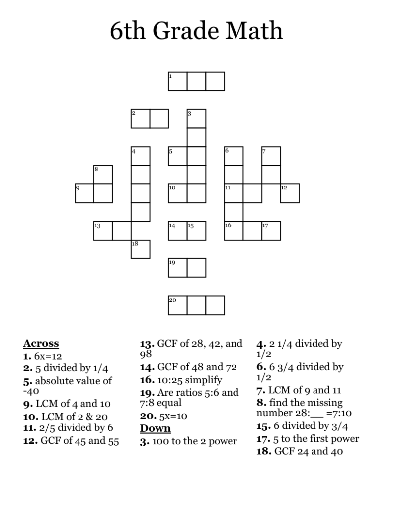 Math Crossword Puzzle Worksheets 6th Grade - Puzzle Worksheets Printable