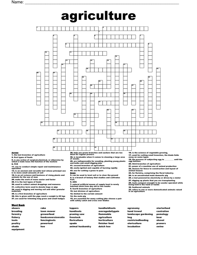 Middle School Agriculture Crossword Puzzle Worksheets - Puzzle ...