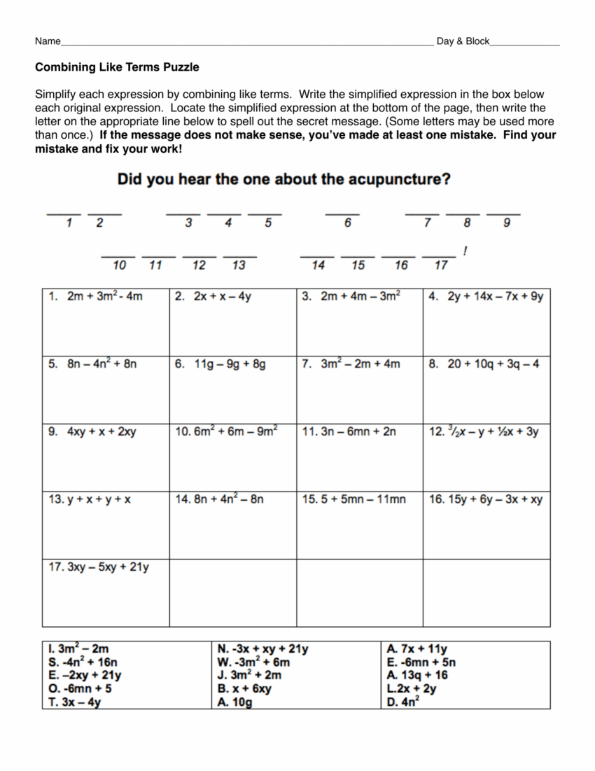 Combining Like Terms Puzzle Worksheet - Puzzle Worksheets Printable