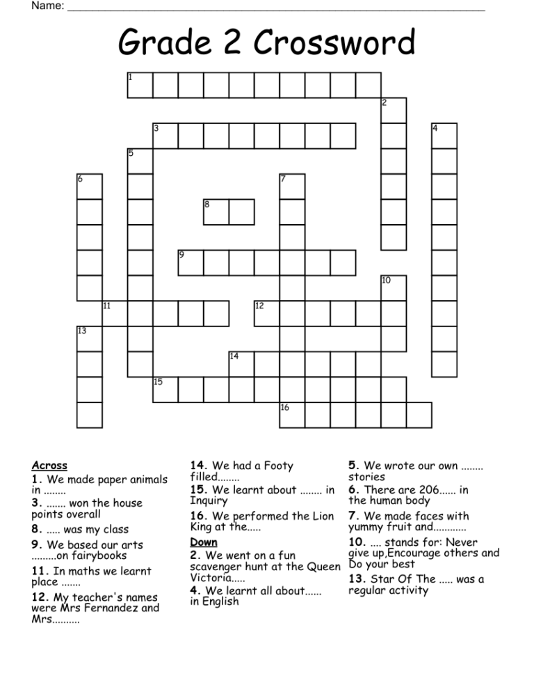 2nd Grade Crossword Puzzle Worksheets - Puzzle Worksheets Printable