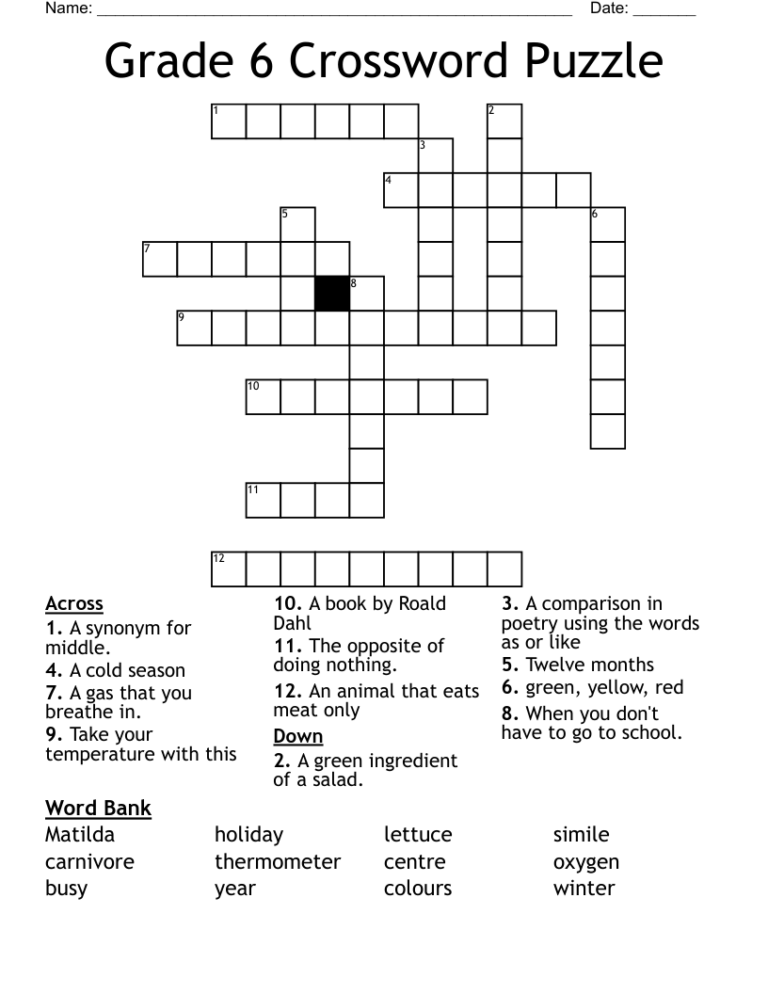 6th Grade Crossword Puzzle Worksheets - Puzzle Worksheets Printable