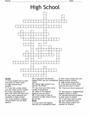 High School Crossword Puzzle Worksheets - Puzzle Worksheets Printable