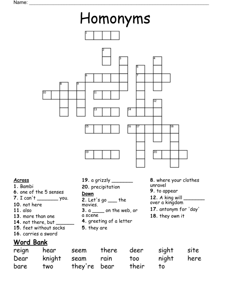 Homonyms Crossword Puzzle Worksheets - Puzzle Worksheets Printable