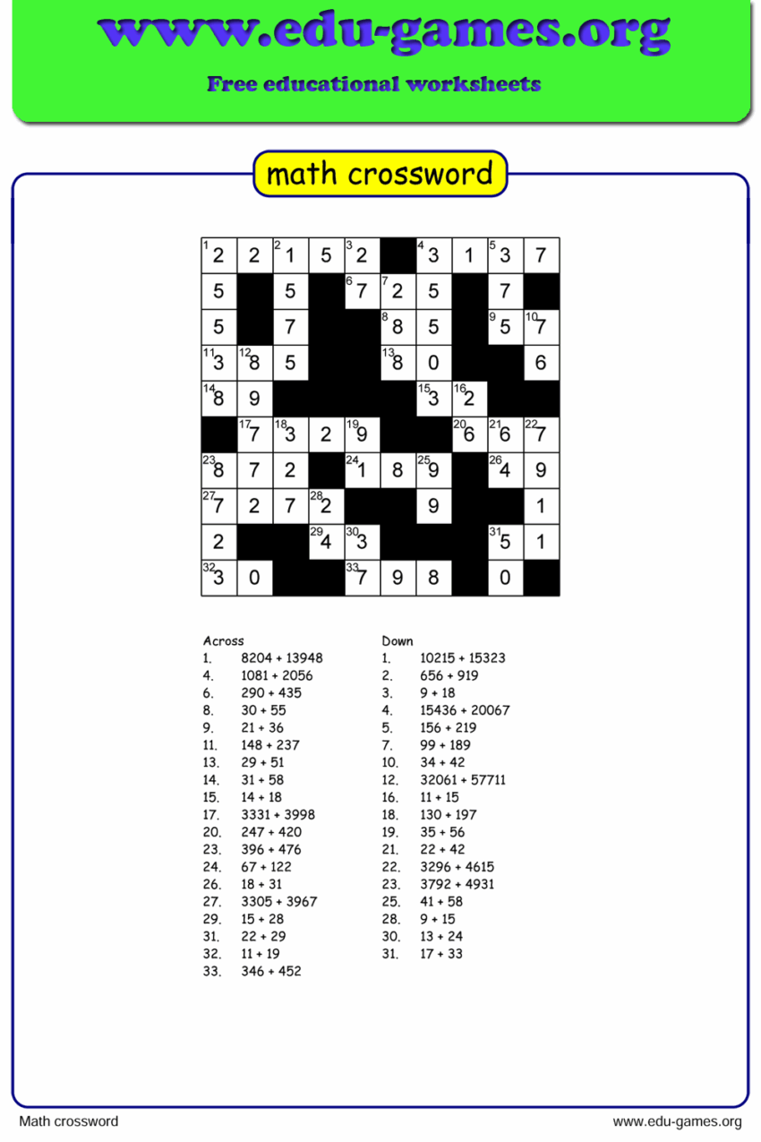 Math Crossword Puzzle Worksheets With Answers - Puzzle Worksheets Printable
