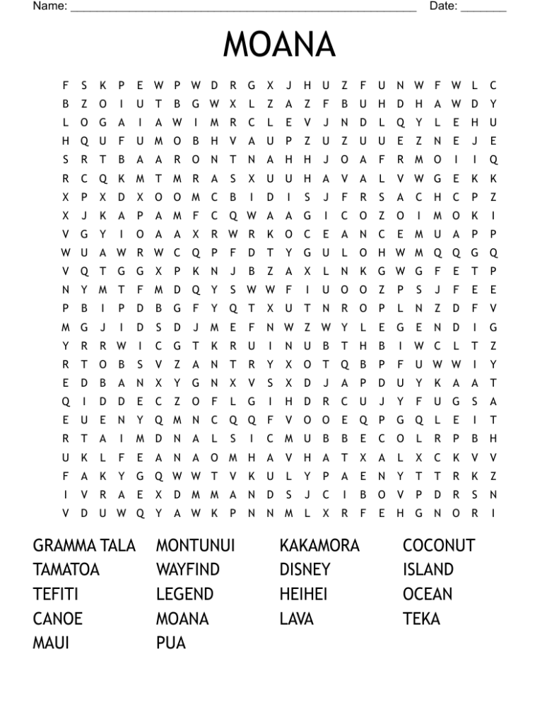 Moana Worksheets Word Search Puzzle - Puzzle Worksheets Printable