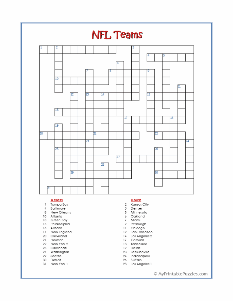 Football Crossword Puzzle Worksheets - Puzzle Worksheets Printable