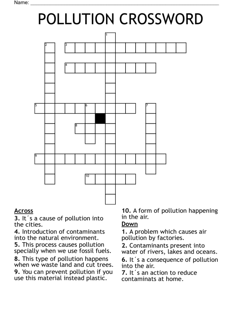 Pollution Crossword Puzzle Worksheets - Puzzle Worksheets Printable